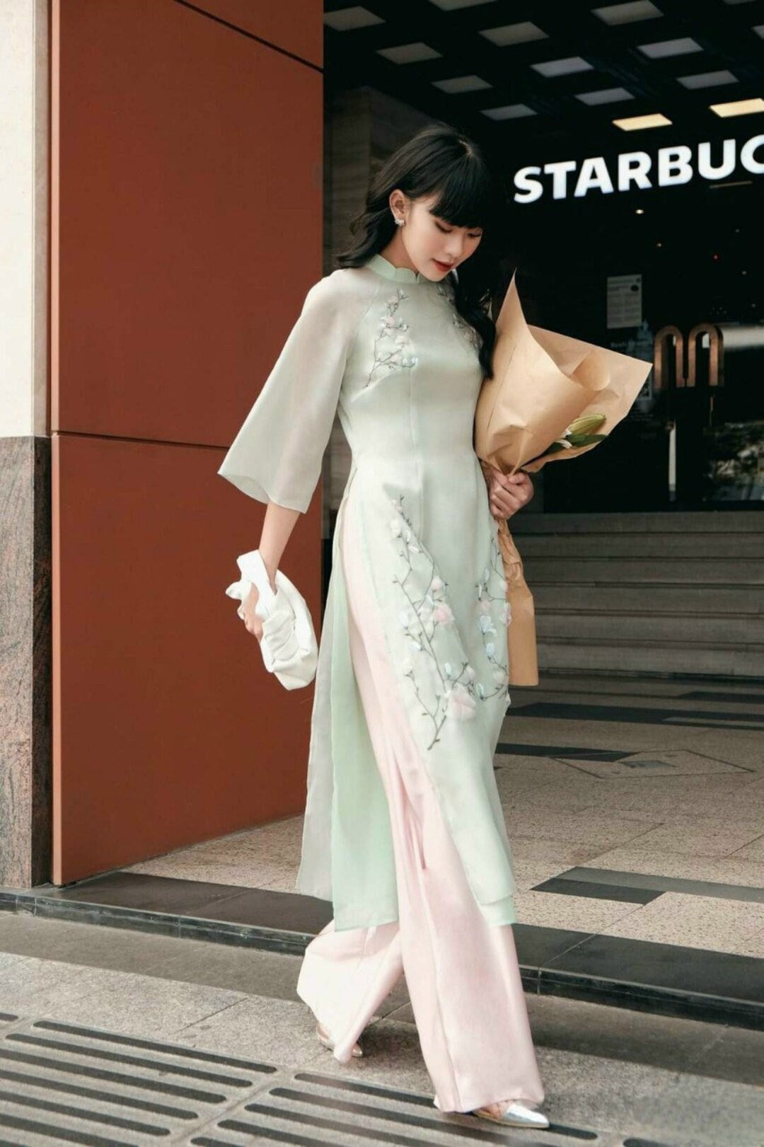 Green Blossom Chiffon Ao Dai Set blush Pants Pre-made - Etsy