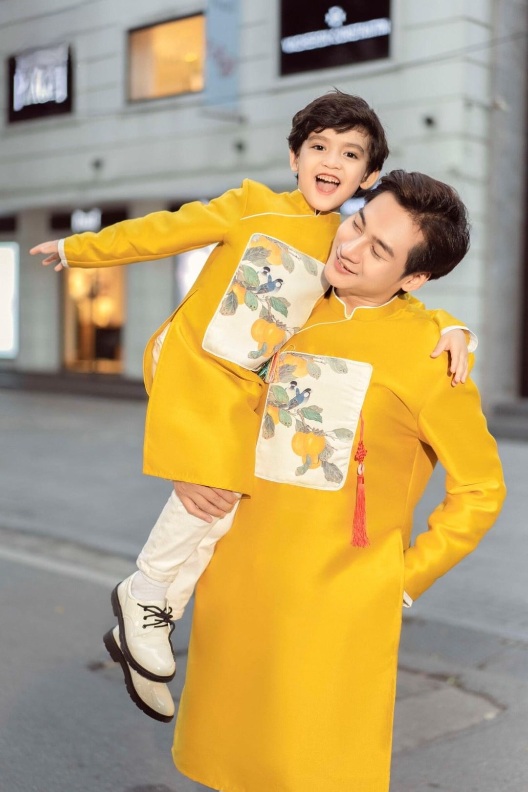 Men and Boy Yellow Pom Ao Dai Set 28C| Pre-made Vietnamese Ao Dai ...