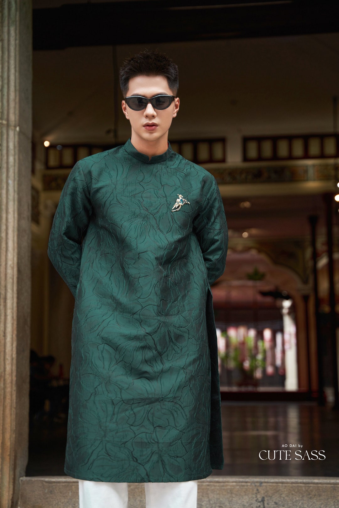 Men Dark Green 3D Muted Gam Ao Dai Top 37B | Pre-made Traditional ...