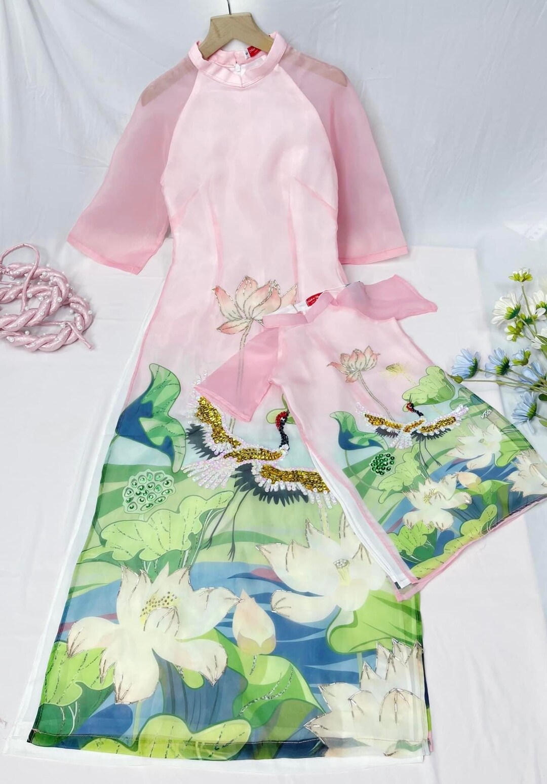 Mom and Daughter Sparke Pink Crane Ao Dai Set | Pre-made Modern ...