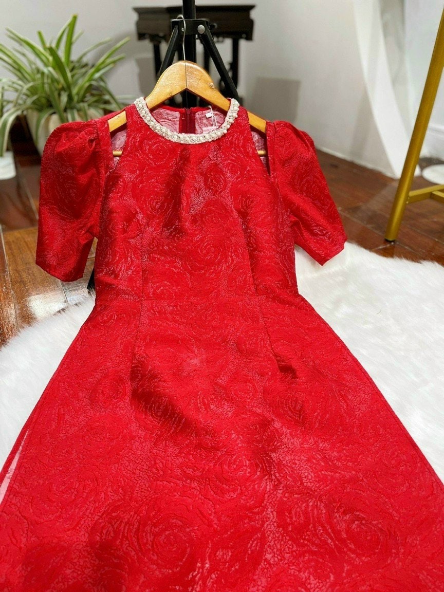 Red Pearl Cut-out Puffy Sleeve Ao Dai Set | Pre-made Modernized Viet Ao ...