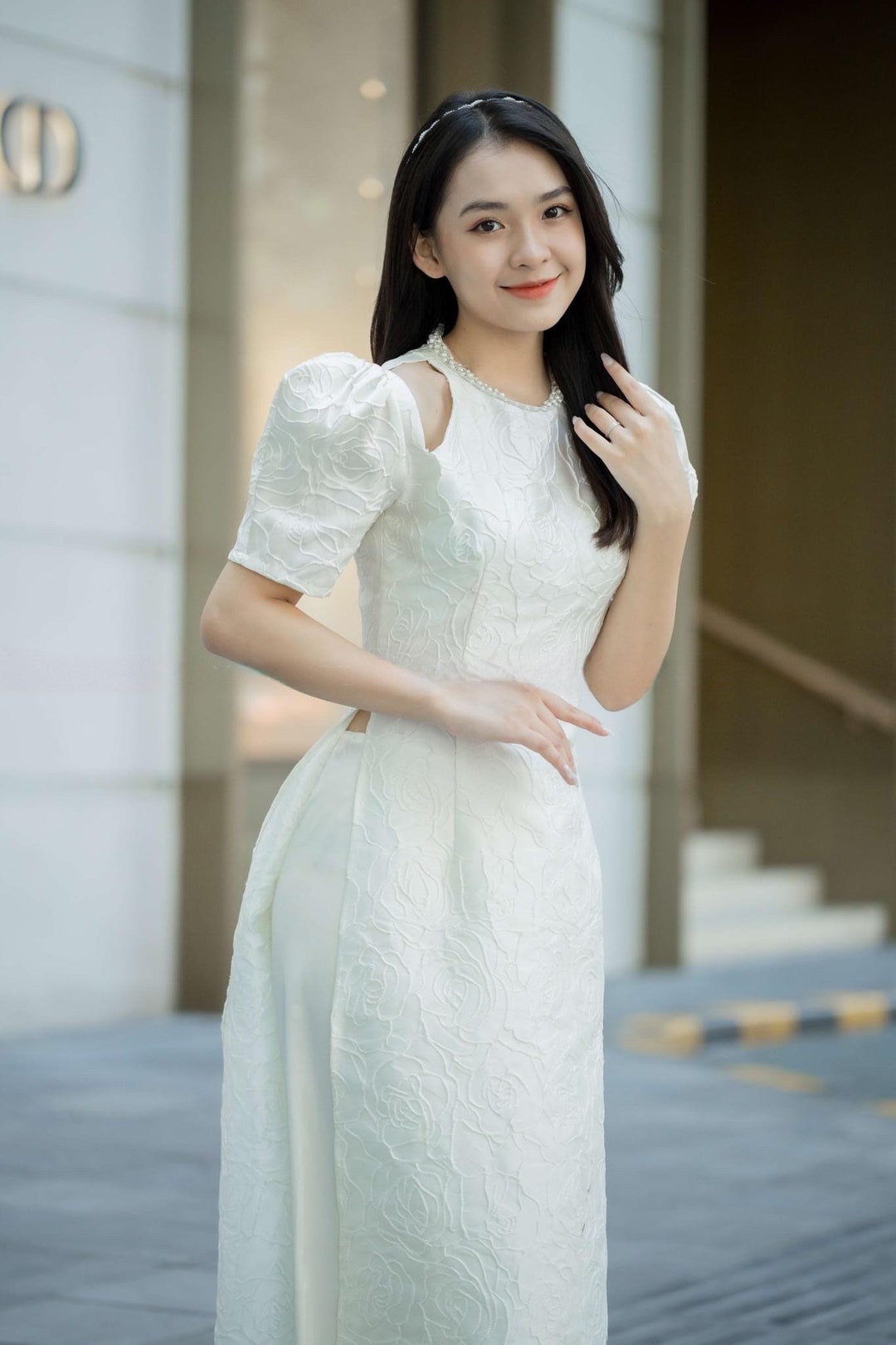 White Pearl Cut-out Puffy Sleeve Ao Dai Set Pre-made - Etsy