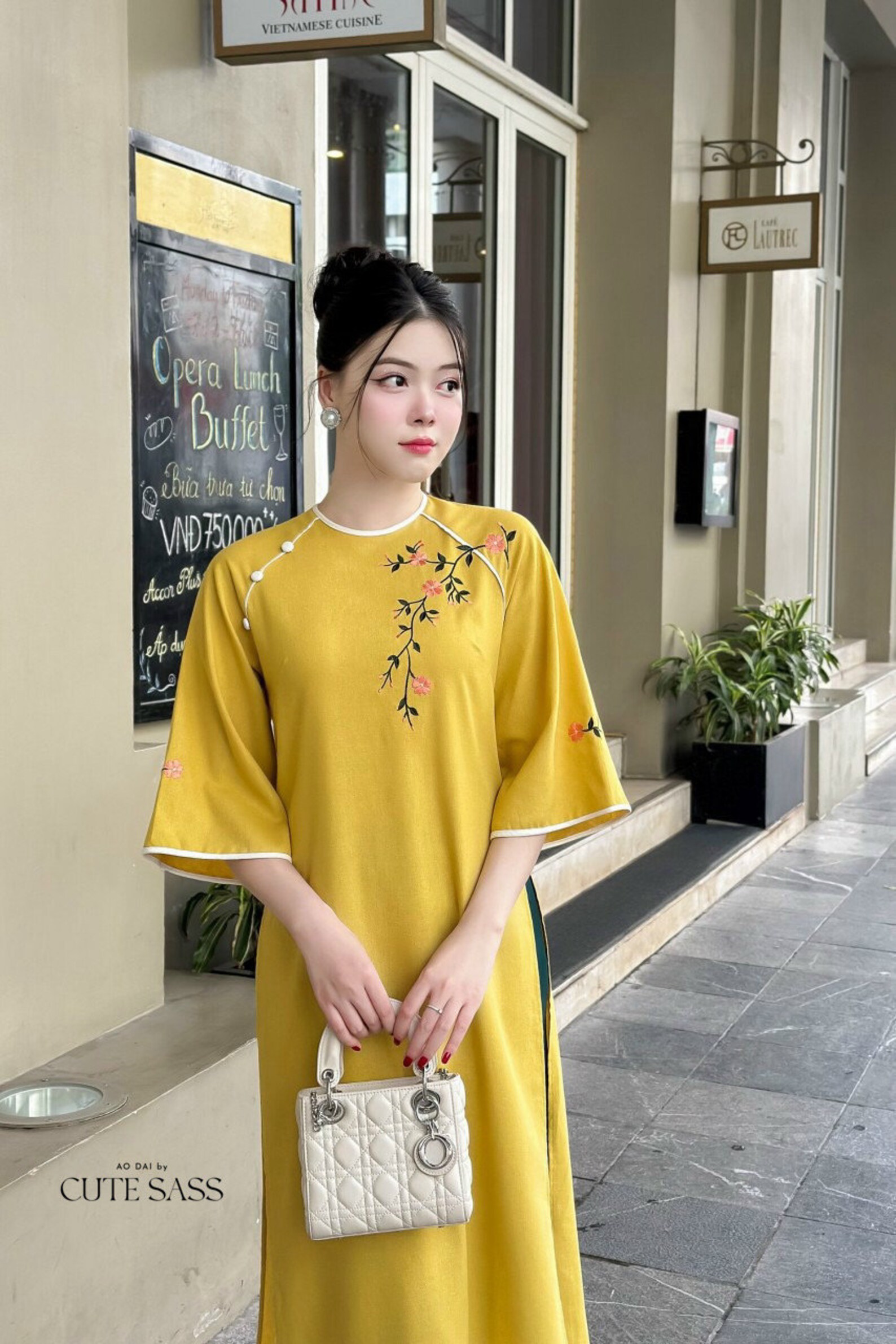 Shifted Embroidery Yellow Ao Dai Set 4a|pre-made Vietnamese Ao Dai ...