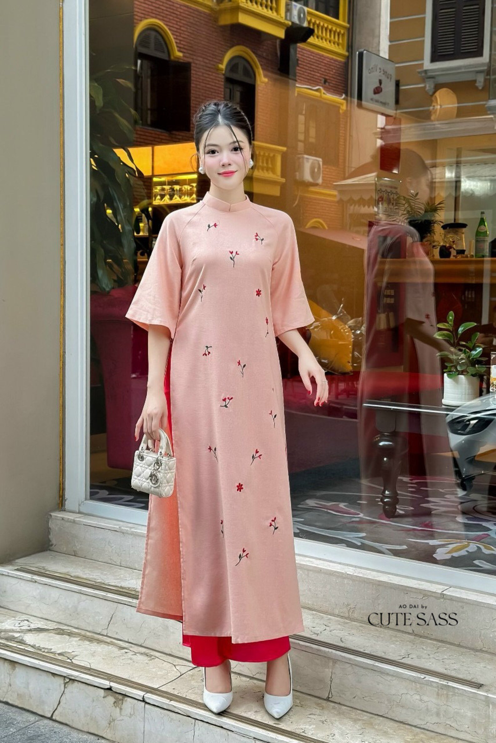 Shifted Embroidery Peach Ao Dai Set 4a|pre-made Vietnamese Ao Dai|women ...