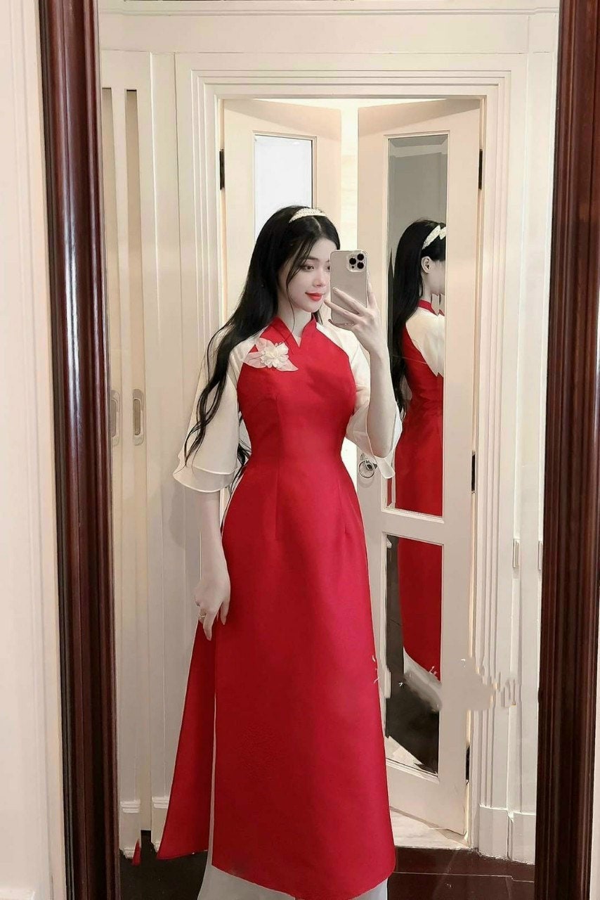Red With 3D Flower Pin Ao Dai Set Pre-made Modernized - Etsy