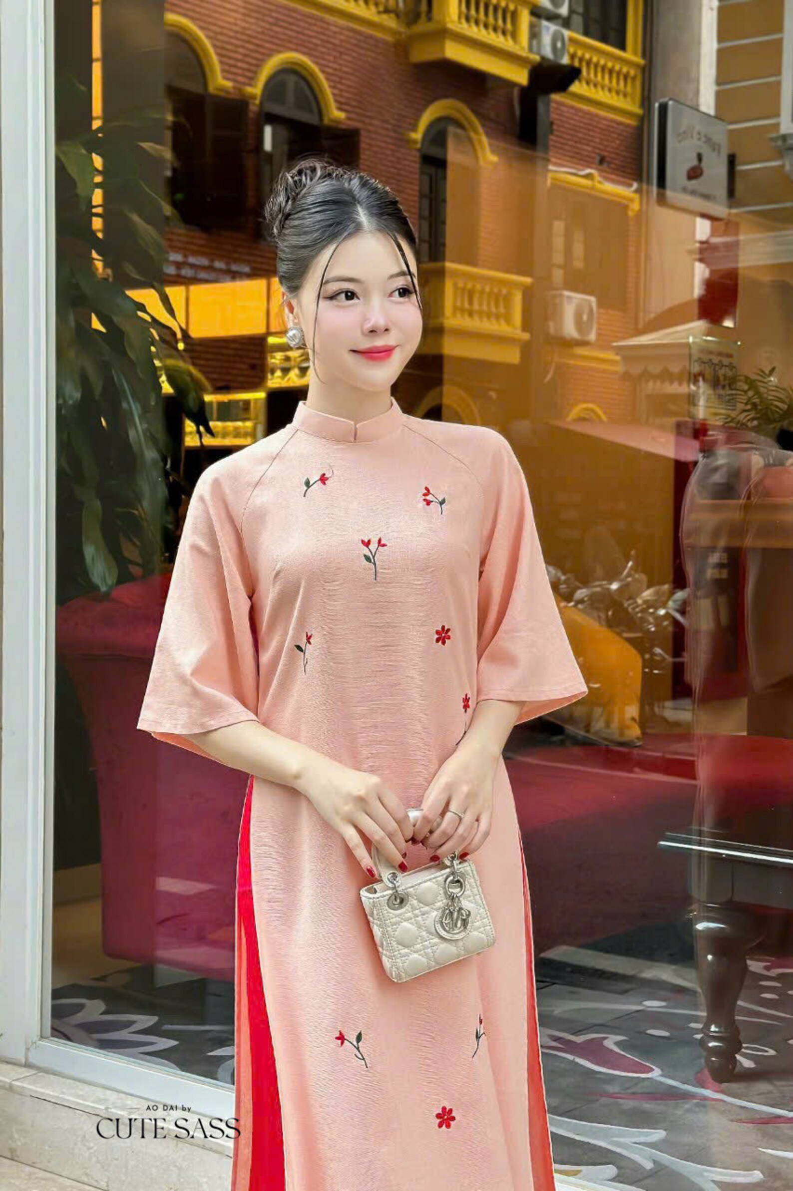 Shifted Embroidery Peach Ao Dai Set 4a|pre-made Vietnamese Ao Dai|women ...