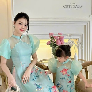 Mom and Daughter Cyan Pearls Ao Dai Set Pre-made Traditional Vietnamese ...