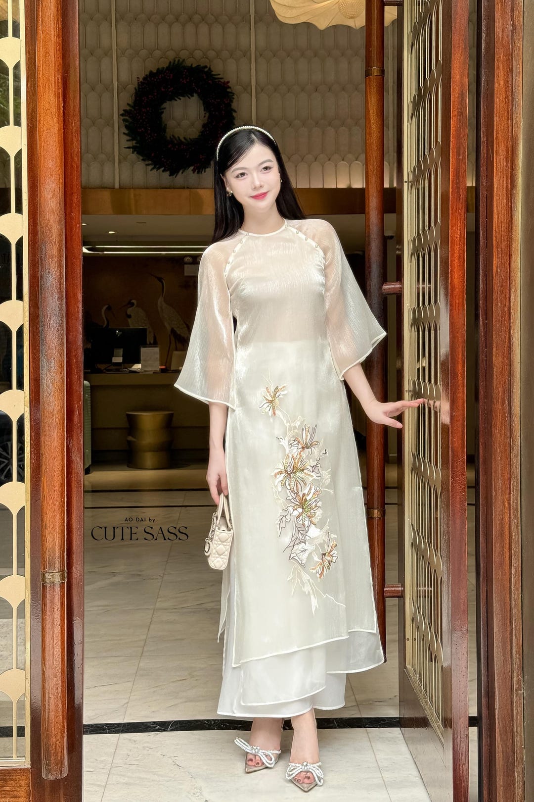 Cream Orchid Embroidery Chiffon Ao Dai Set 8C Pre-made Traditional Vietnamese Ao Daiao Dai With ...