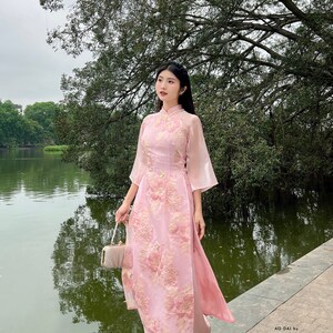 Pink/gold Gam Ao Dai Set pre-made Modernized Vietnamese Ao Dai Ao Dai ...