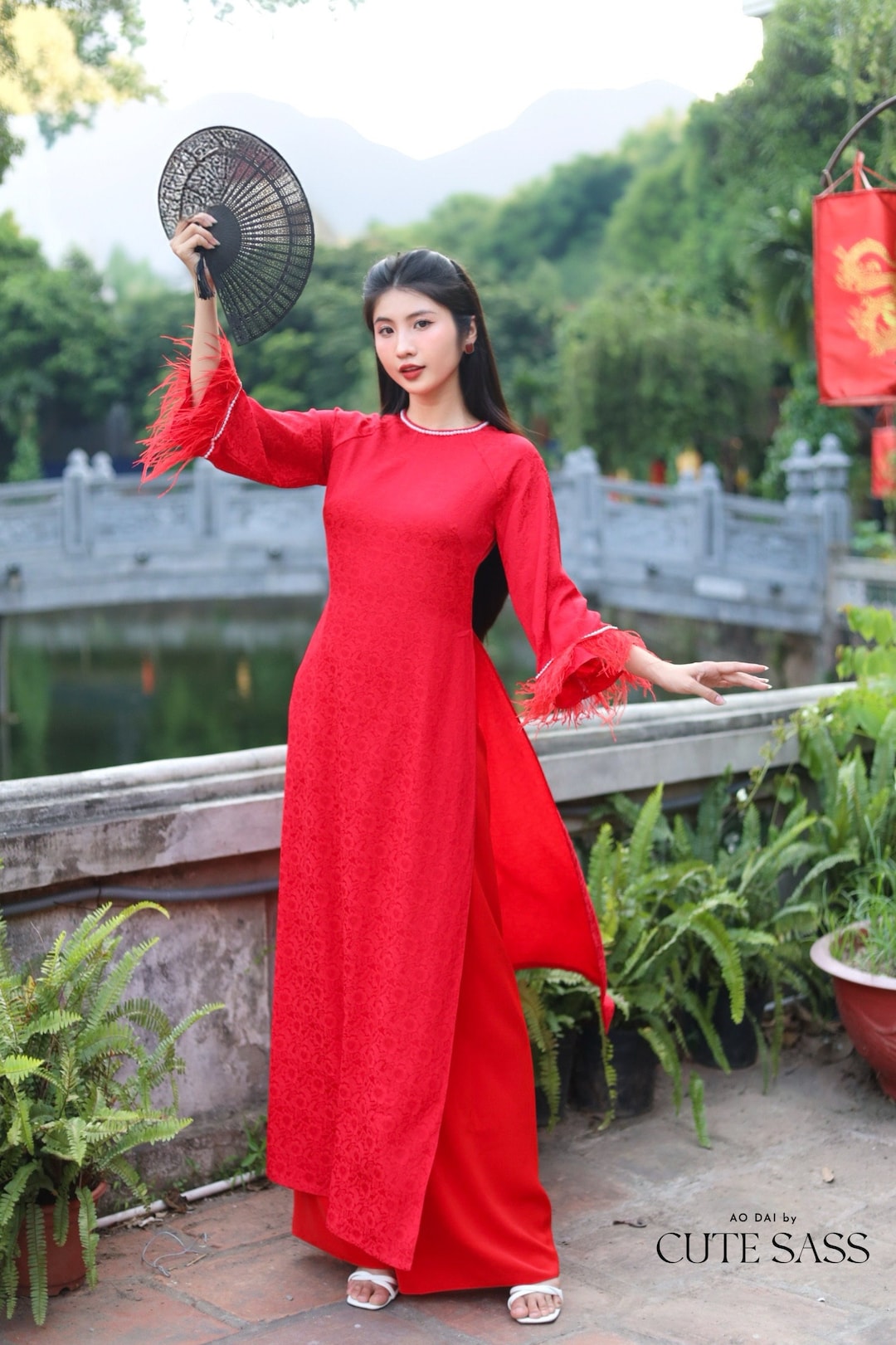 Red Gam Feather Ao Dai Top Only, NO PANTS 7E| Pre-made Vietnamese Ao ...