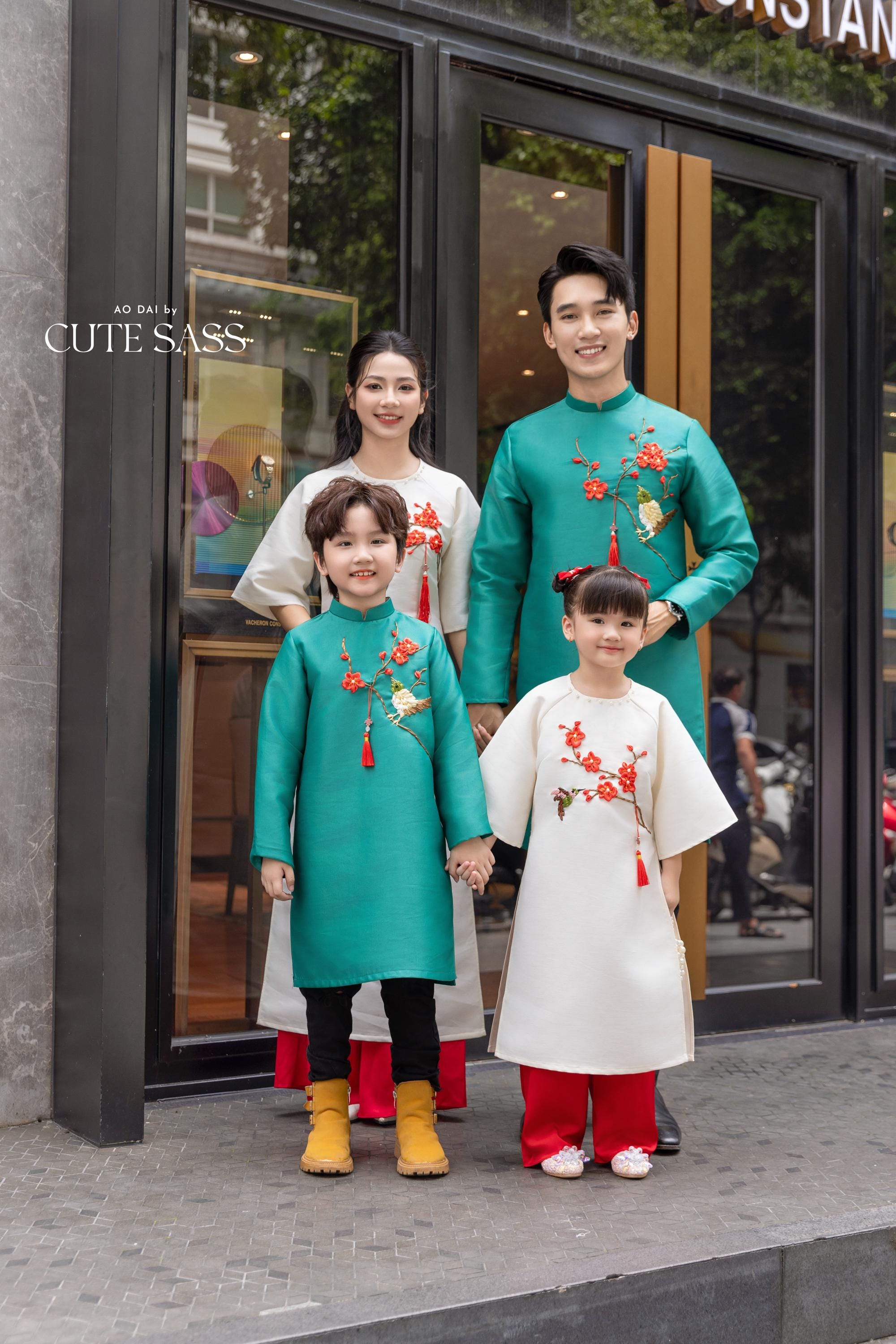 Cat Tuong - Family Cream/turquoise Ribbon Matching Ao Dai Set (no ...