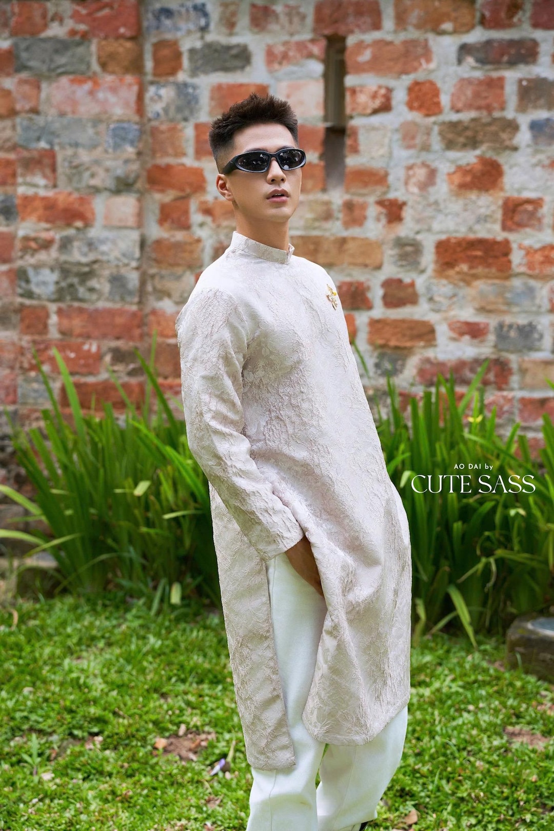 Men Ash Taupe 3D Gam Silk Ao Dai Top 21B | Pre-made Traditional ...