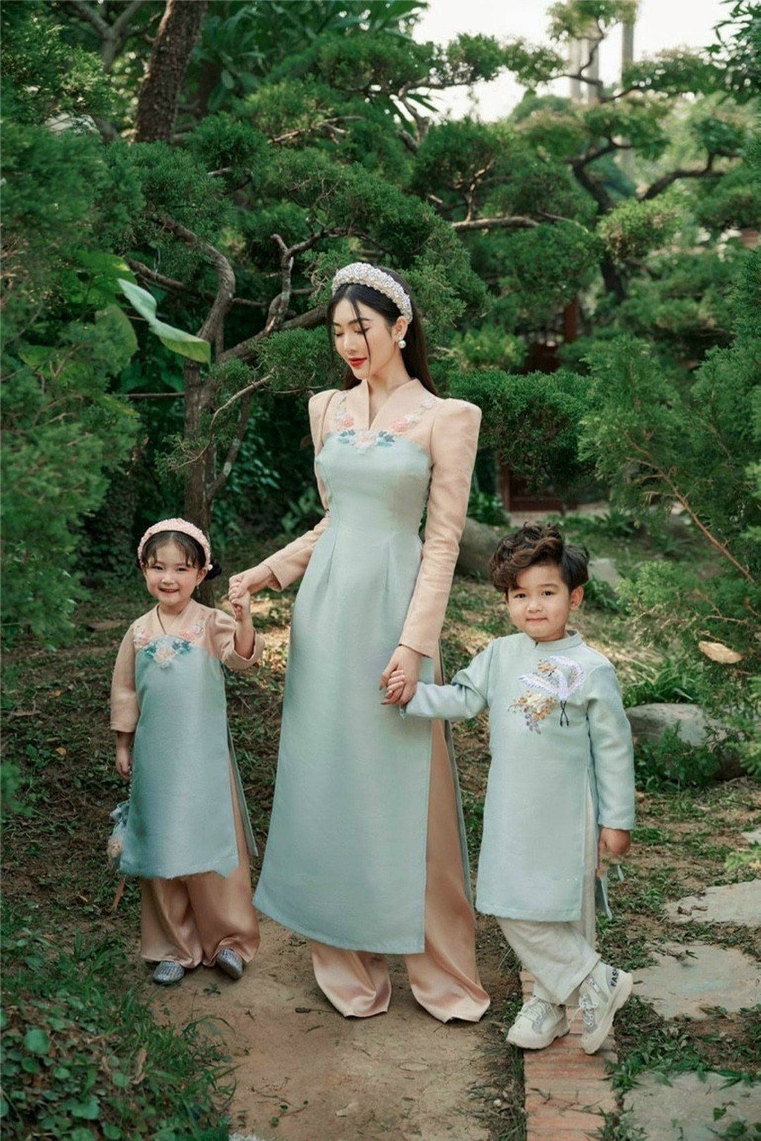 Family Blue & Pink Ao Dai Set| Pre-made Traditional Vietnamese Ao Dai ...