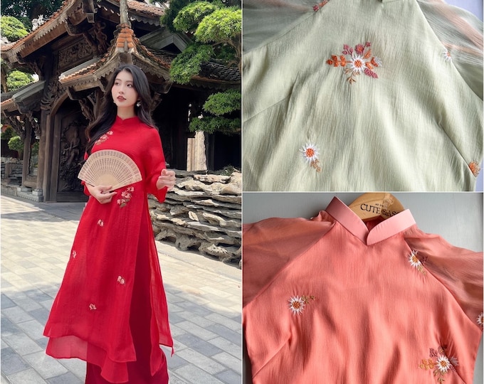 Shifted Chiffon Embroidery Ao Dai Top Only, NO PANTS (3 Colors)| Pre ...