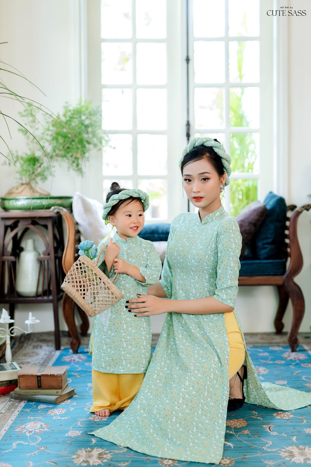 Mom and Daughter Cyan Matching Ao Dai Set With Headbands| Pre-made ...