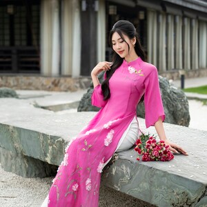 Magenta Hydrangea Chiffon Ao Dai Set 21c|pre-made Modernized Vietnamese ...