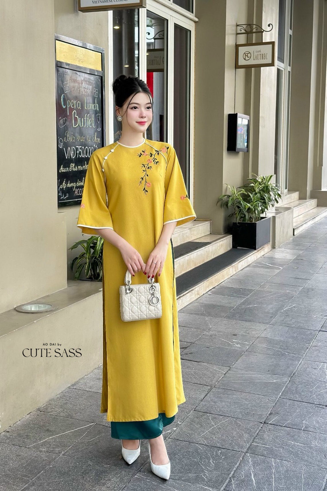 Shifted Embroidery Yellow Ao Dai Set 4a|pre-made Vietnamese Ao Dai ...