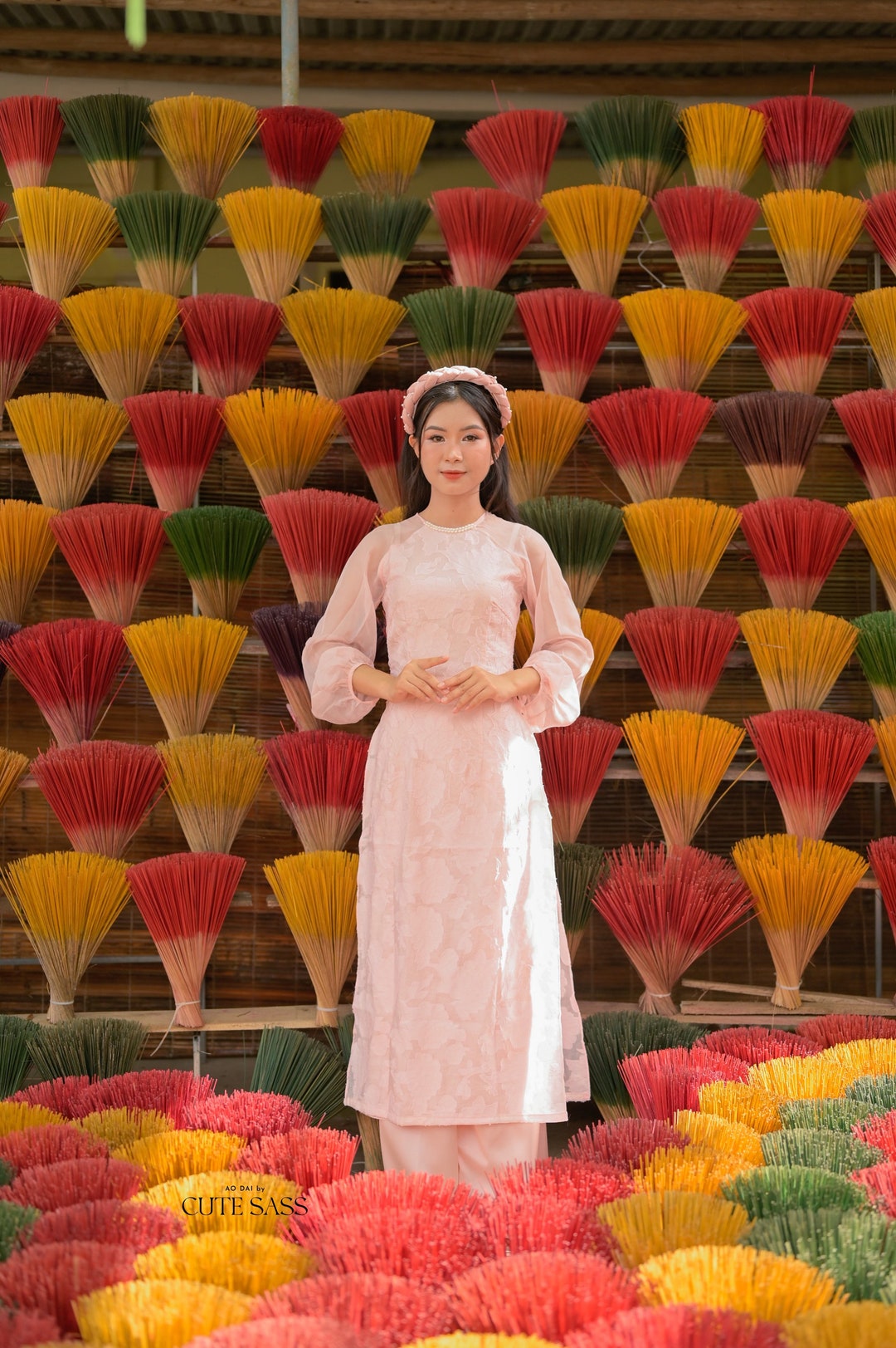 Pink Pearl Puffy Long Sleeve Ao Dai Set 32B | Pre-made Modernized ...
