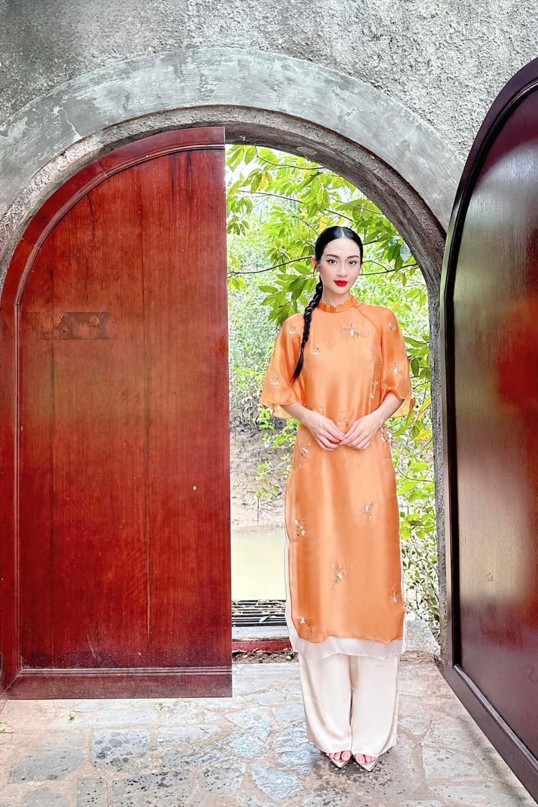 Shifted Orange Chiffon Embroidery Ao Dai Top Only, NO PANTS Pre-made ...