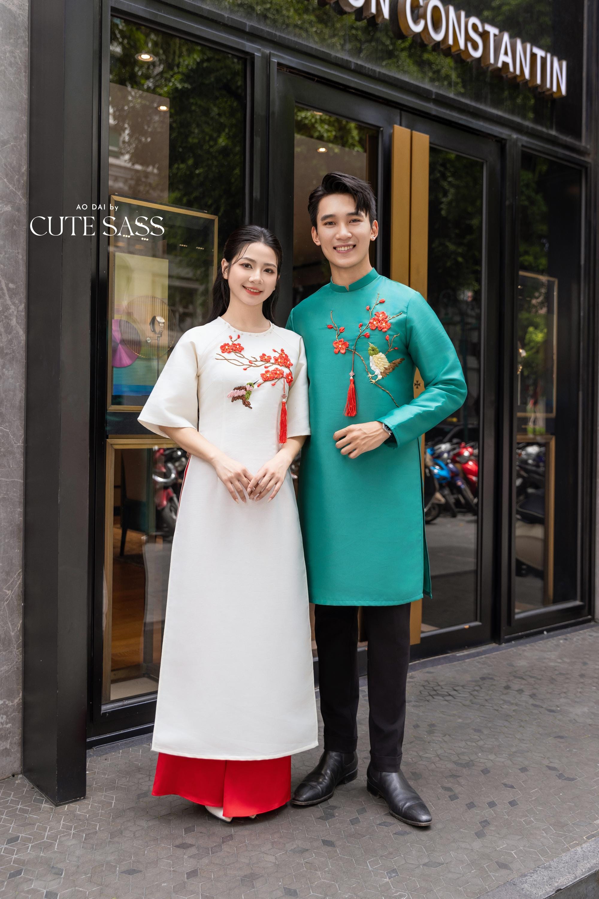 Cat Tuong - Family Cream/turquoise Ribbon Matching Ao Dai Set (no ...