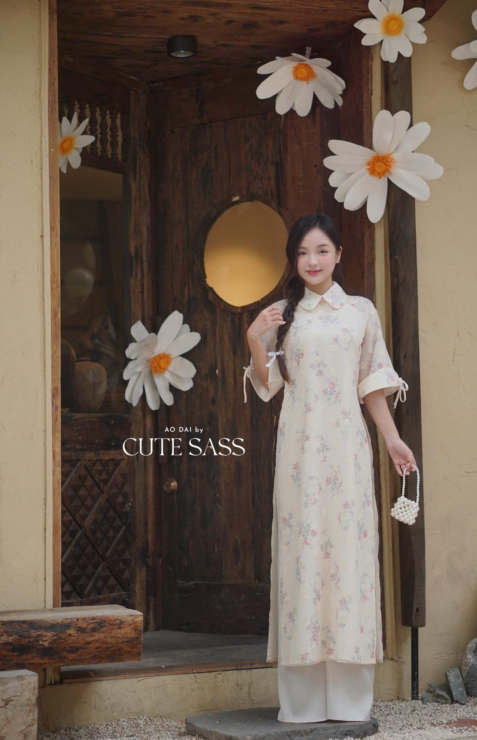Cream/beige Peter Pan Collar Floral Ao Dai Top Only, NO PANTS 45d|pre ...