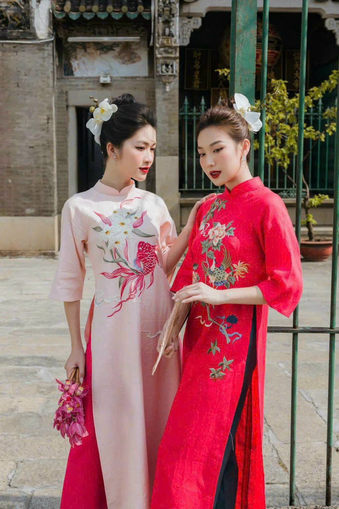 Shifted Embroidery Pink/red Ao Dai Set pre-made Vietnamese Ao Daiwomen ...