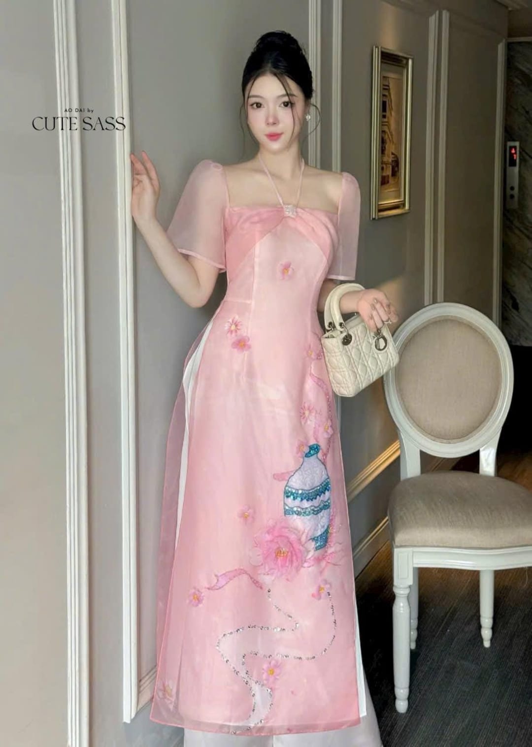 Pink Halter Sparkle Vase Ao Dai Set 12B Pre-made Traditional Vietnamese ...