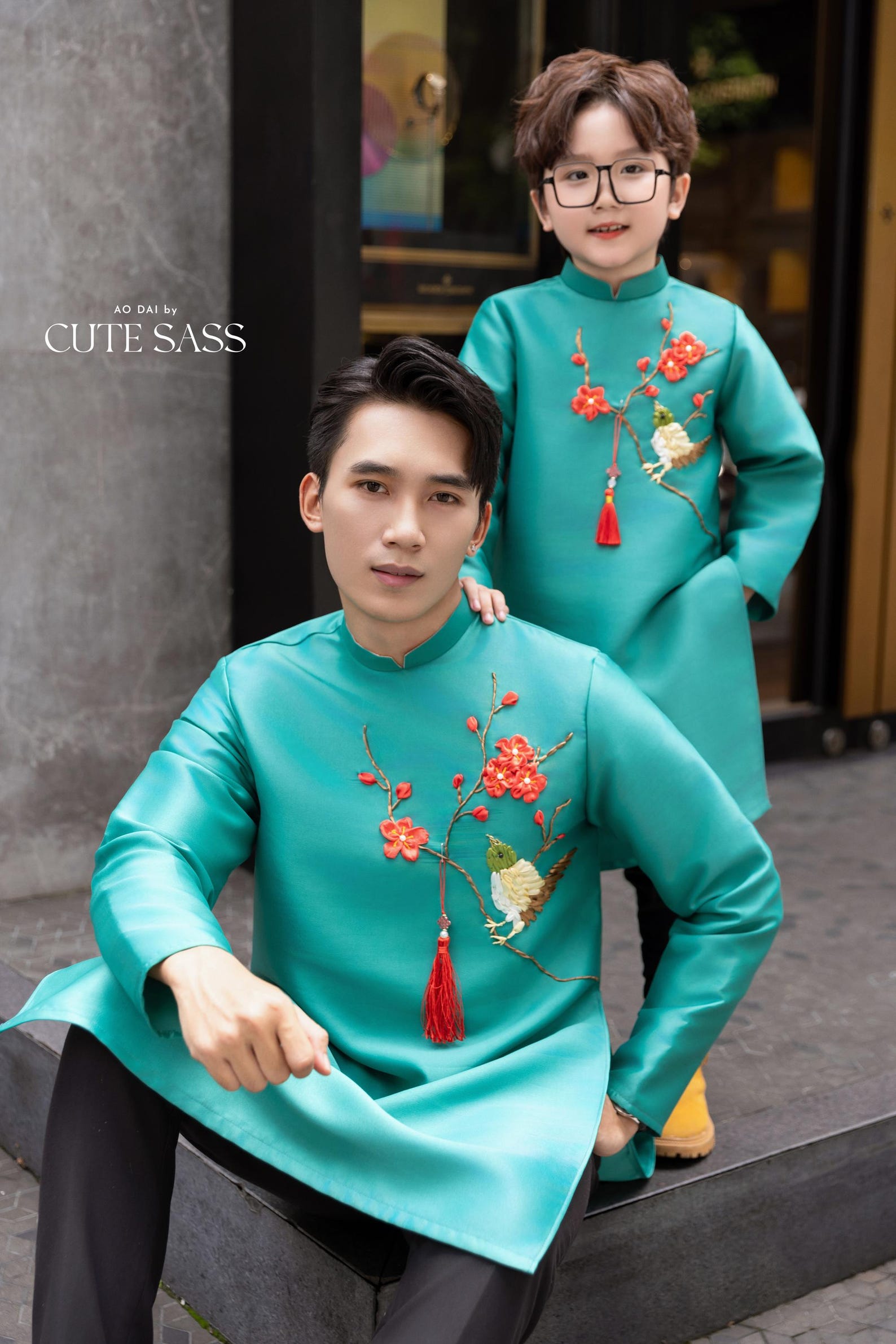 Cat Tuong - Family Cream/turquoise Ribbon Matching Ao Dai Set (no ...