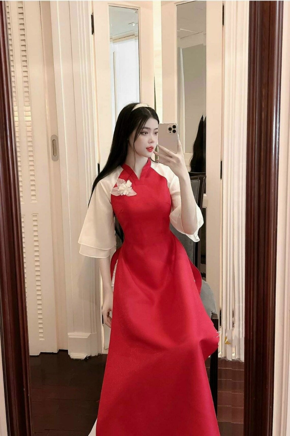 Red With 3D Flower Pin Ao Dai Set Pre-made Modernized - Etsy