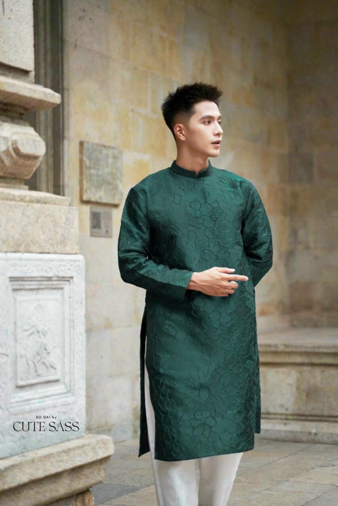 Men Dark Green 3D Sparkle Gam Ao Dai Top| Pre-made Men Dark Green 3D Sparkle Gam Ao Dai Top| Pre-made