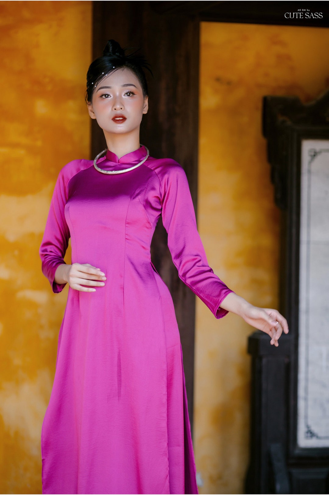 Carmine Hai Da Silk Plain Ao Dai Set 17A| Pre-made Traditional ...