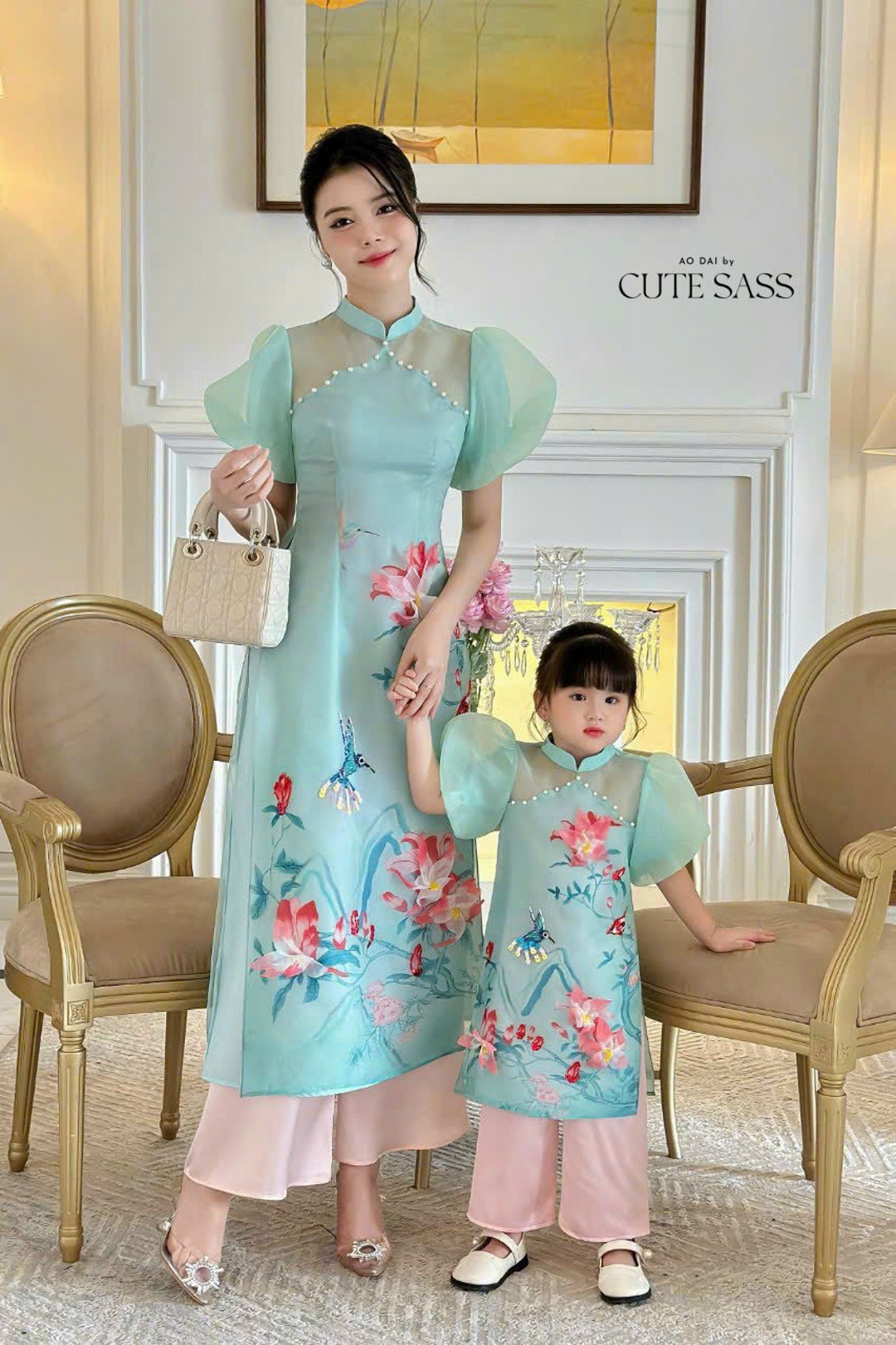 Mom and Daughter Cyan Pearls Ao Dai Set 32C| Pre-made Traditional ...
