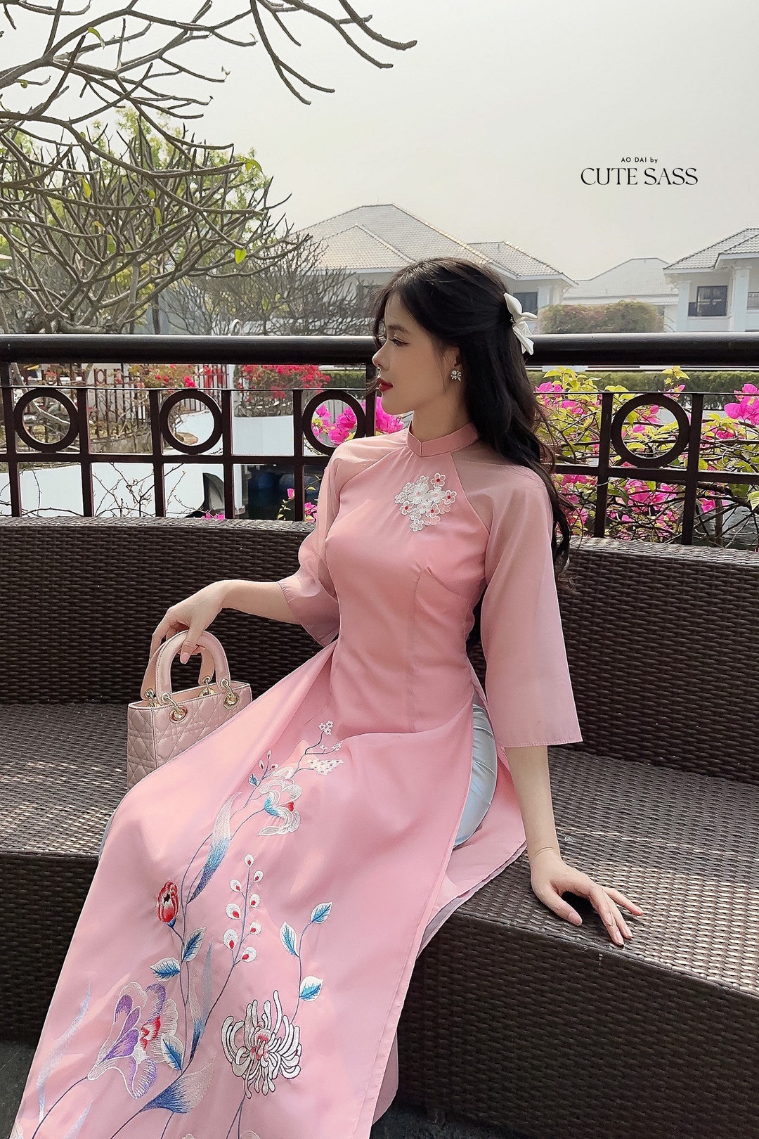 Pink Embroidery Flowers Ao Dai Set 31A Pre-made Modernized Vietnamese ...