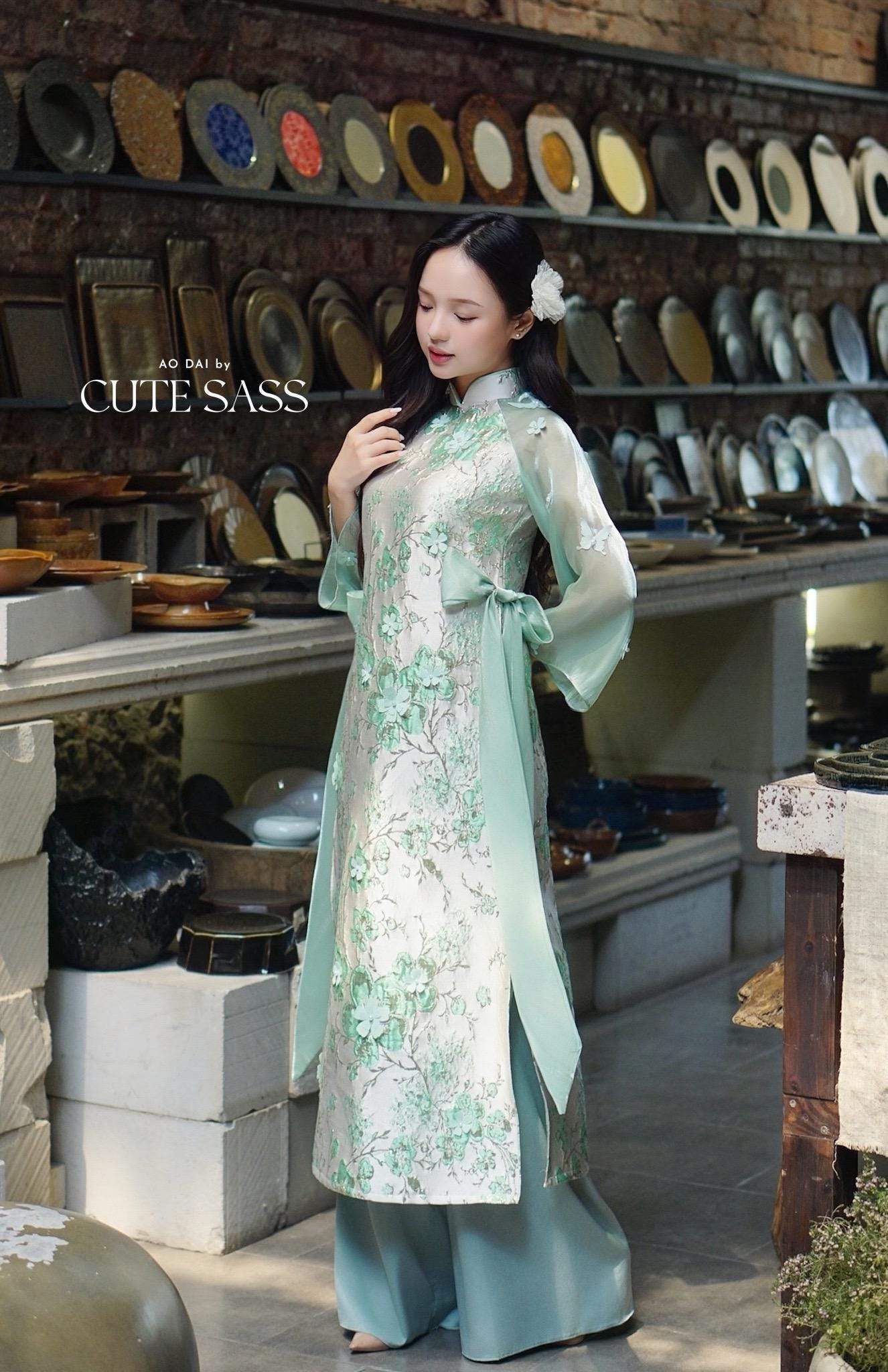 Yen - Cyan and Gold 3D Flowers Bow Shifted Ao Dai Set 19A,B - Etsy