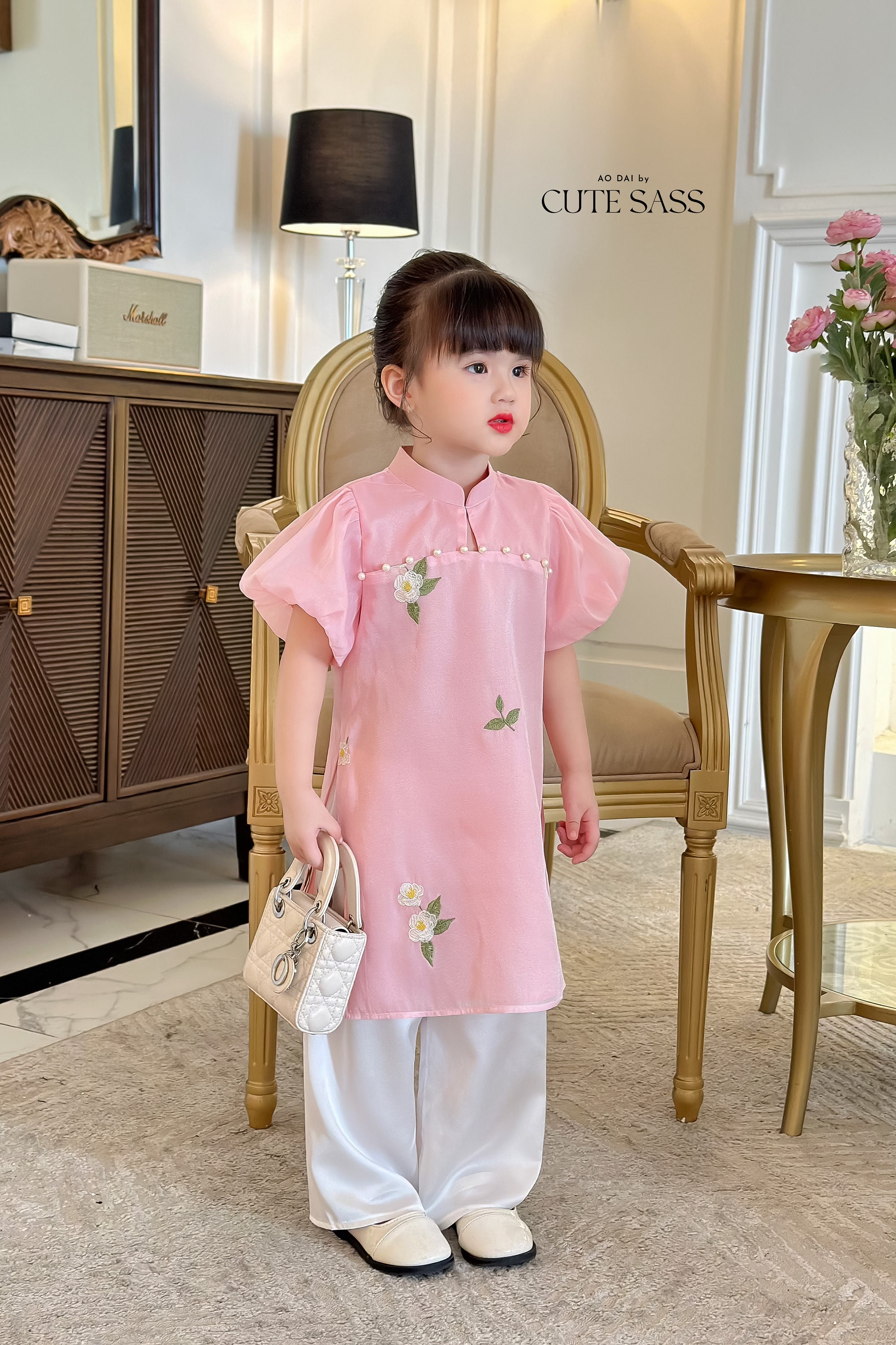 Mom and Daughter Pink Mini Flowers Ao Dai Set 36C| Pre-made Traditional ...