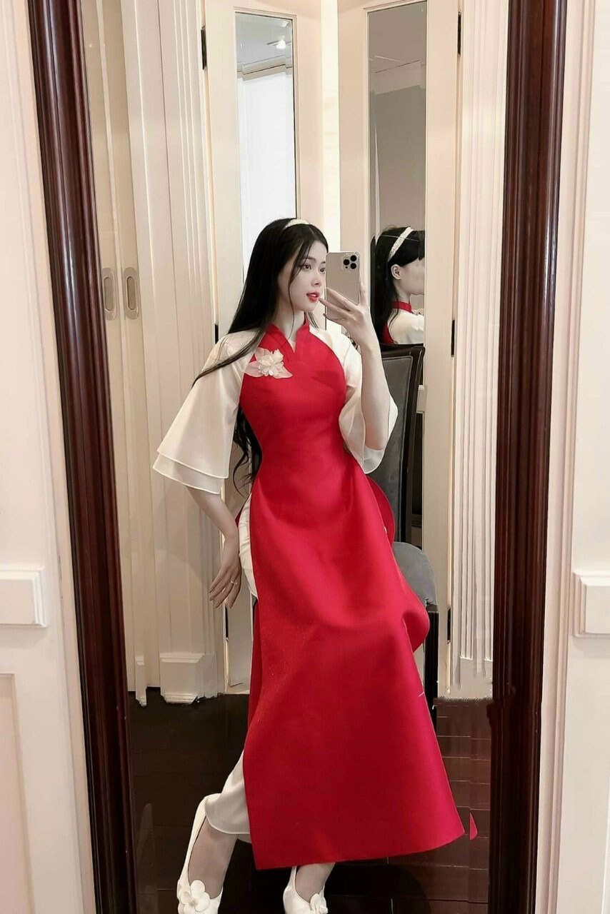 Red With 3D Flower Pin Ao Dai Set Pre-made Modernized - Etsy