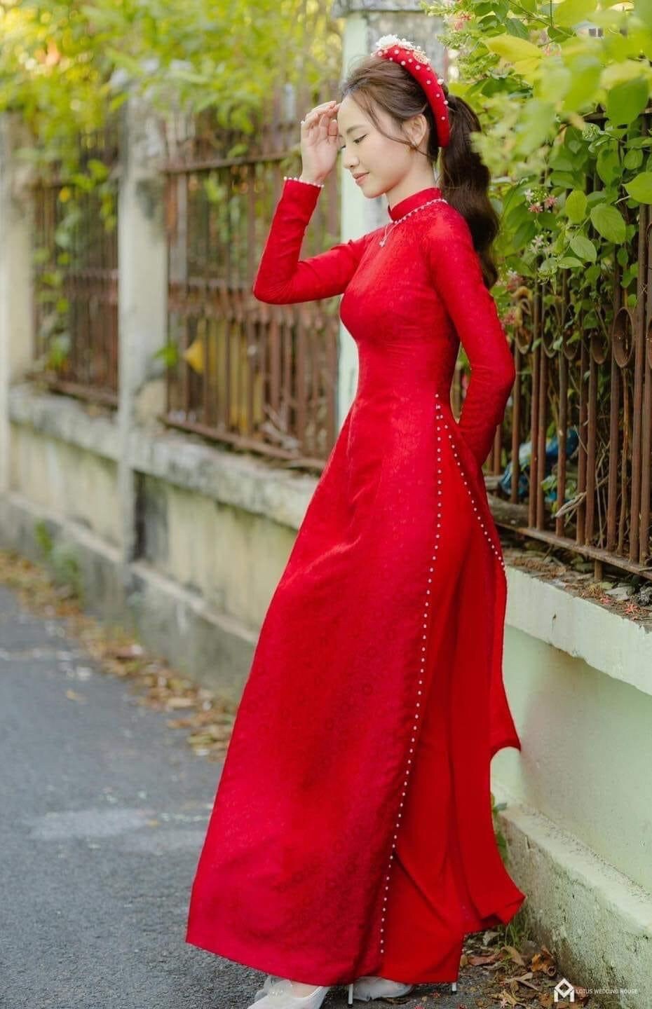 Plain Red Gam Silk With Pearls Ao Dai Set Pre-made - Etsy