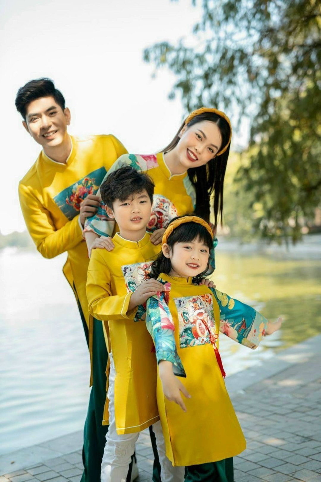 Family Yellow Lotus & Koi Ao Dai Set 39D| Pre-made Traditional ...