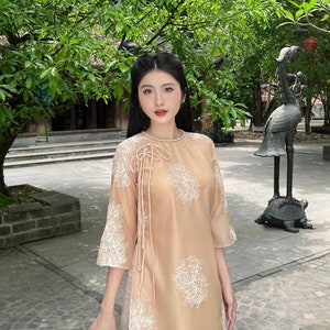 Tan Shifted Chiffon Embroidery Ao Dai Top Only, NO PANTS 6A| Pre-made ...