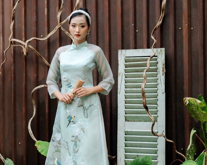 Green 3D Flower Ao Dai Set | Pre-made Modernized Vietnamese Ao Dai ...