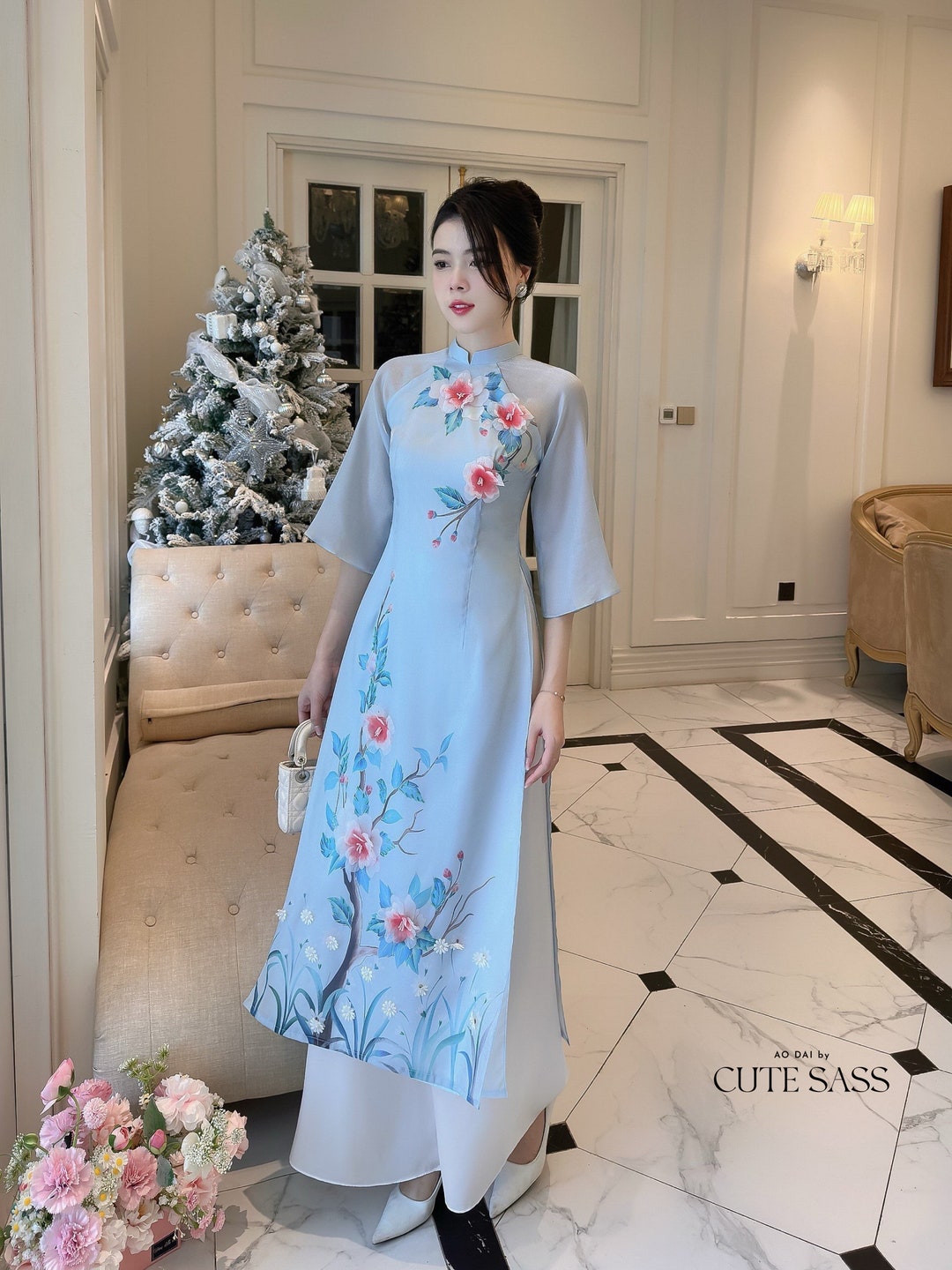 Diep Xuan - Blue Ao Dai Set | Pre-made Traditional Vietnamese Ao Dai ...