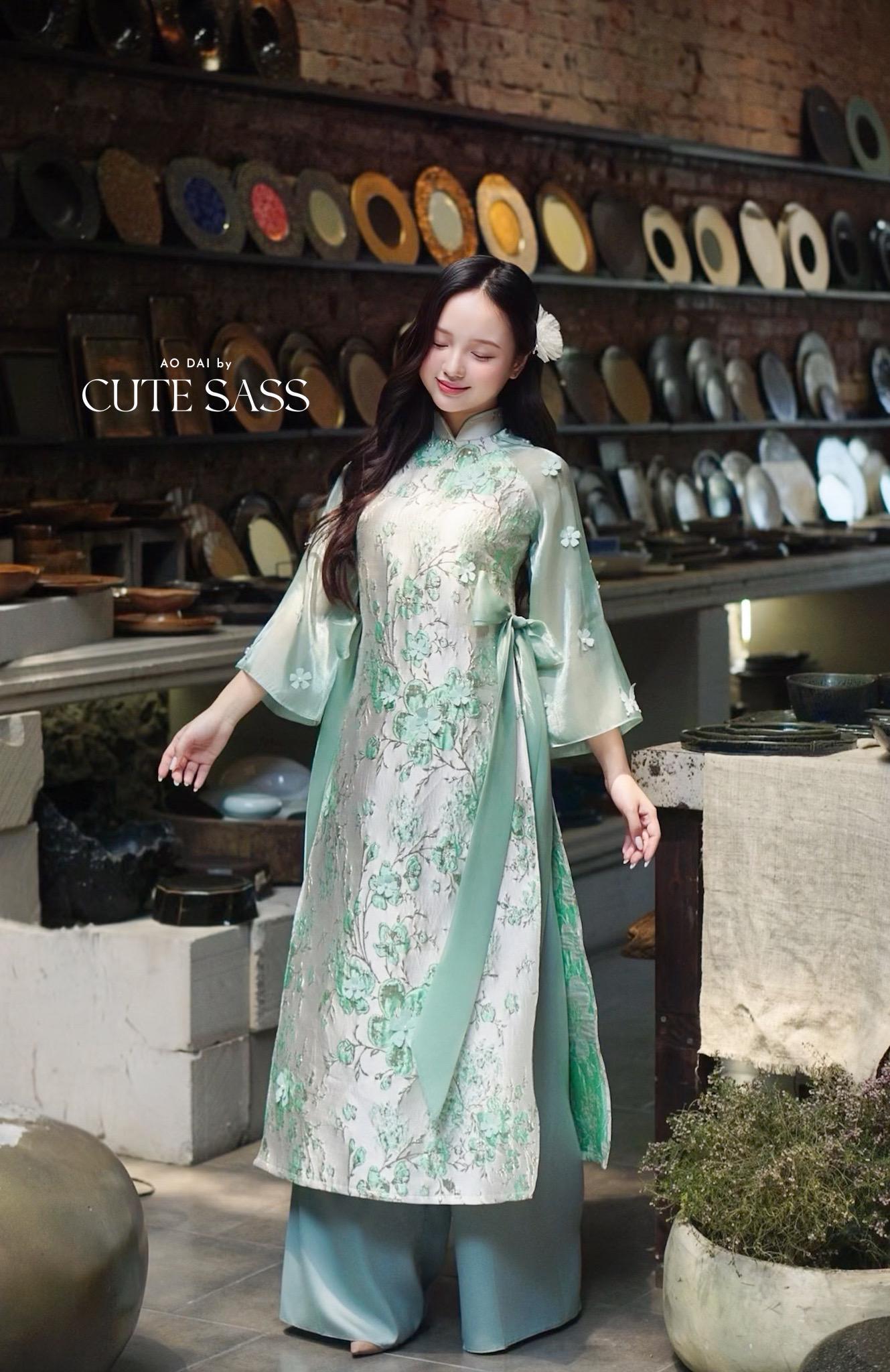 Yen - Cyan and Gold 3D Flowers Bow Shifted Ao Dai Set 19A,B - Etsy