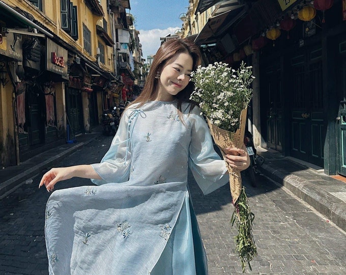 Shifted Blue Chiffon Embroidery Ao Dai Set (shiny Sleeves) 32C | Pre ...