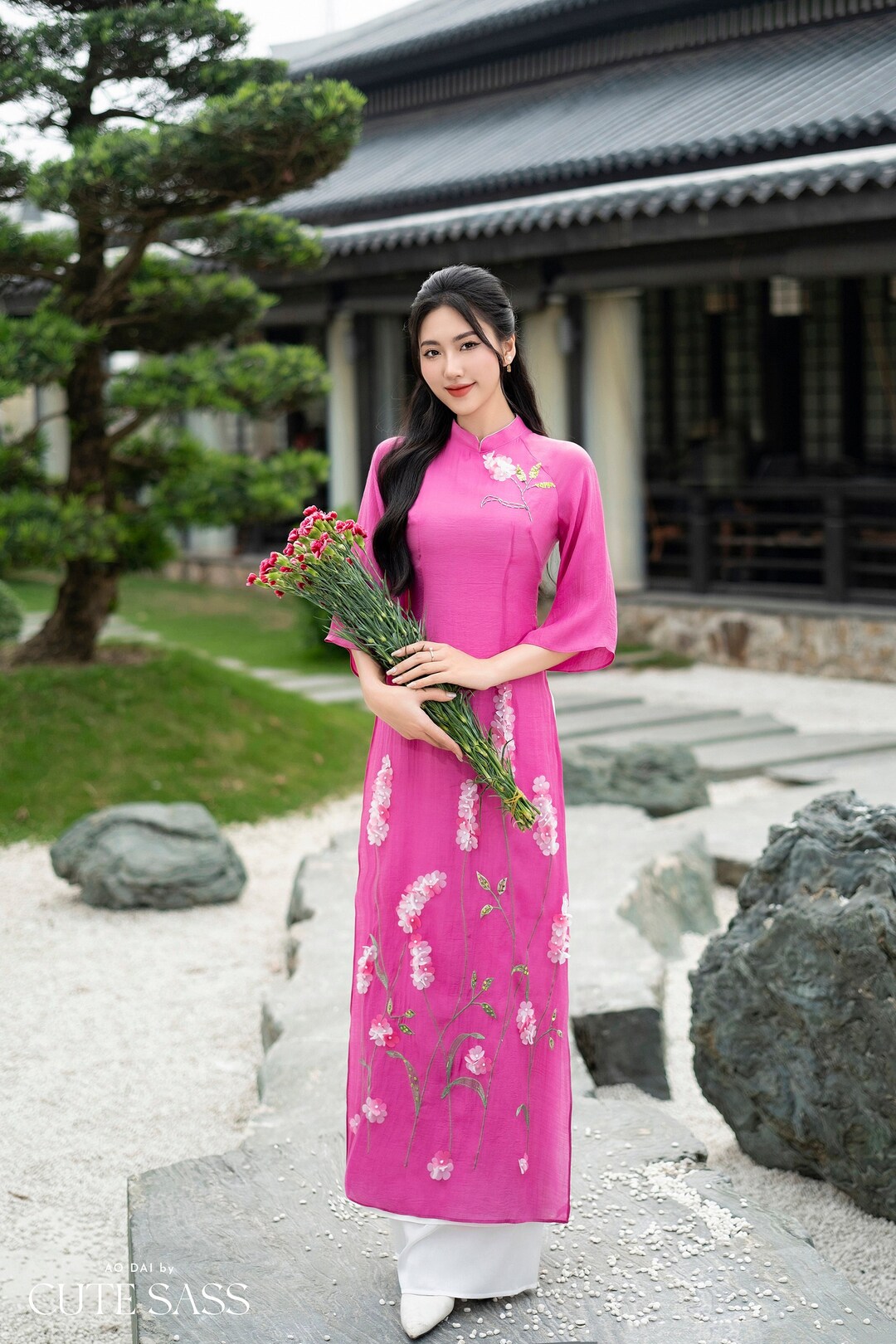 Magenta Hydrangea Chiffon Ao Dai Set 21c|pre-made Modernized Vietnamese ...