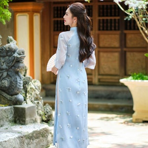 Shifted Blue Chiffon Embroidery Lilac Ao Dai Top Only, NO PANTS 7C |pre ...