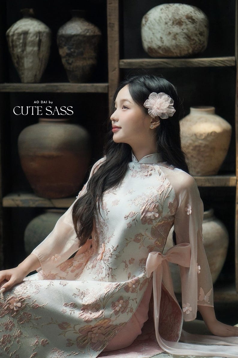 Yen - Pink and Gold 3D Flowers Bow Shifted Ao Dai Set 17B - Etsy