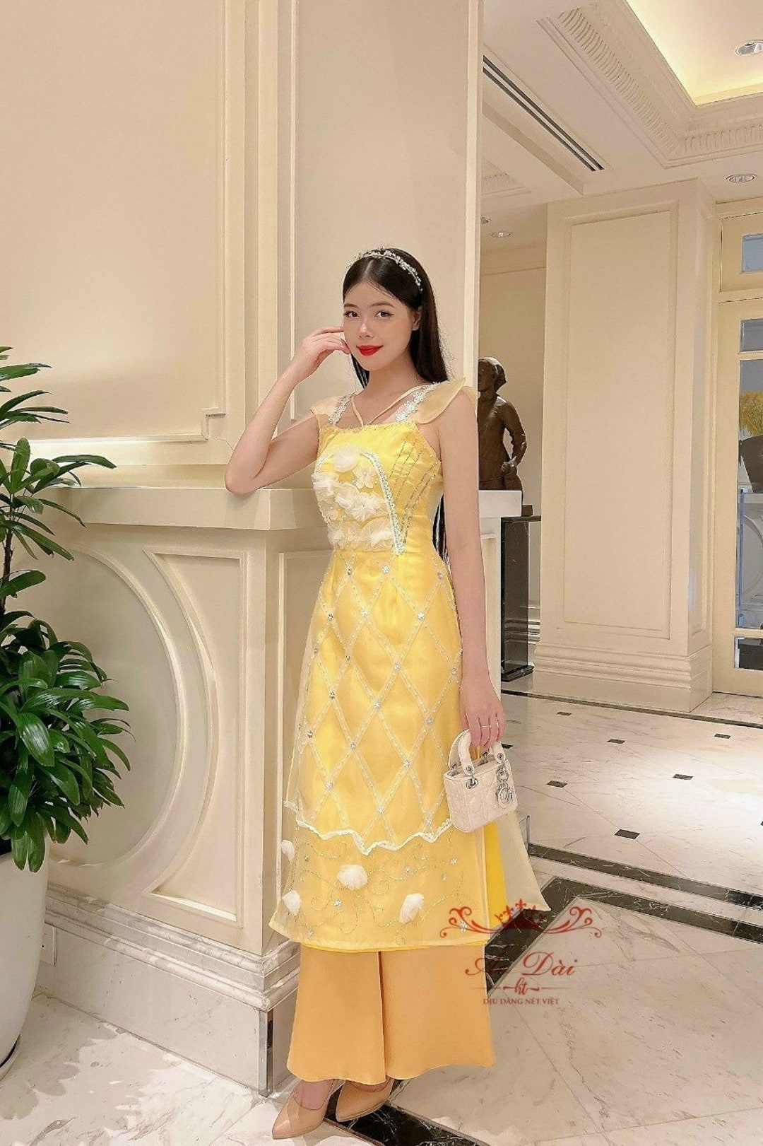 Sparkle Sleeveless Yellow Ao Dai Set Pre-made Modernized Vietnamese Ao ...