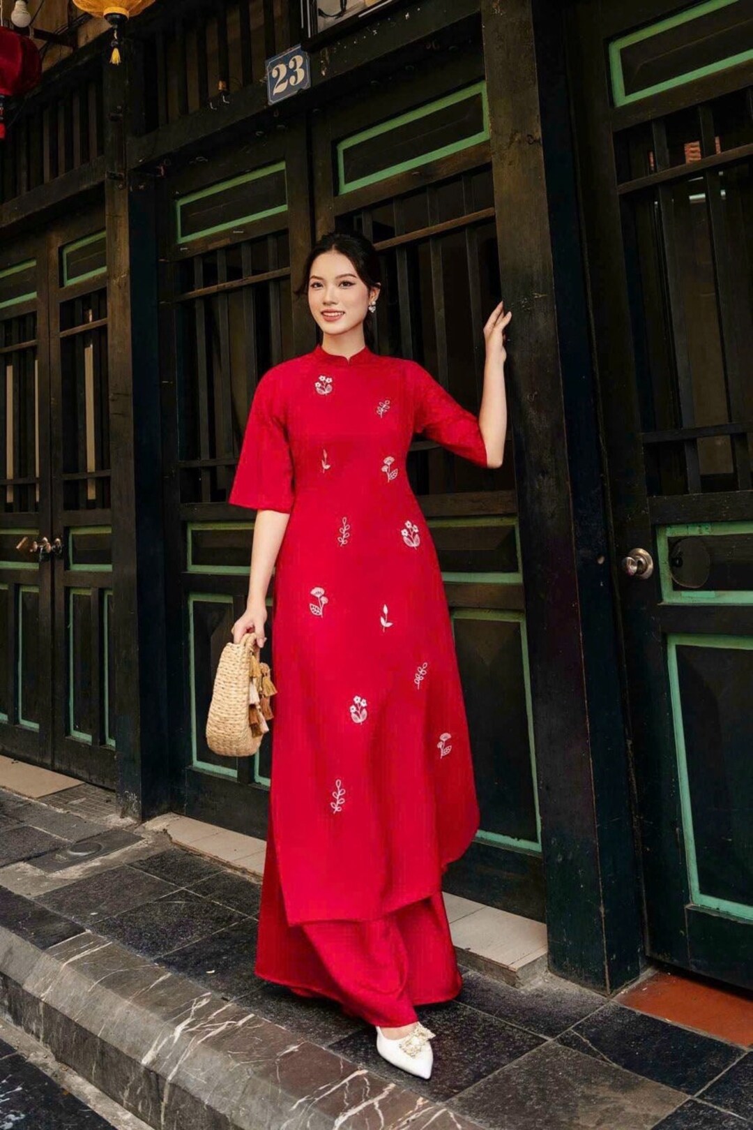 Shifted Red Chiffon Embroidery Ao Dai Set (3 Patterns) 32C| Pre-made ...