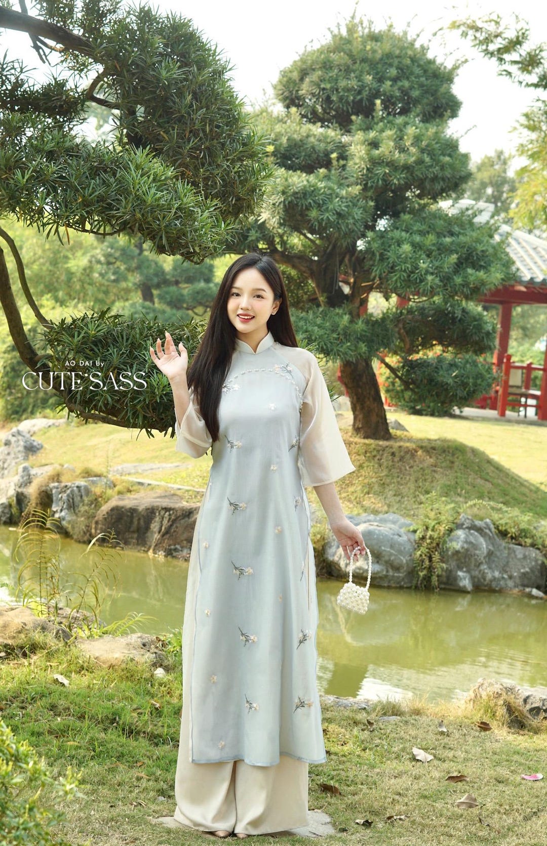 Pastel Blue Sakura Pearls With Sheer Sleeves Ao Dai Top Only, NO PANTS ...