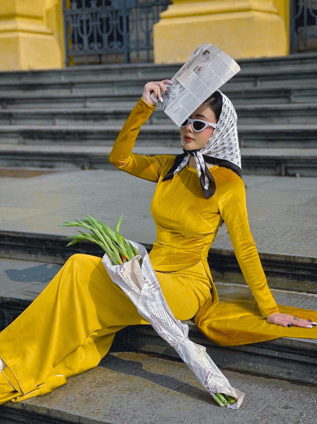Yellow Velvet Ao Dai Top Only, NO PANTS 46E| Pre-made Traditional ...